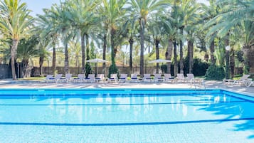 Piscina com espreguiçadeiras e guarda-sóis, cercada por palmeiras.