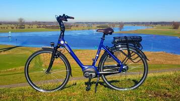 Uma bicicleta azul com cesta e garrafa de água no selim, estacionada numa área gramada com vista para um lago e campos ao fundo.