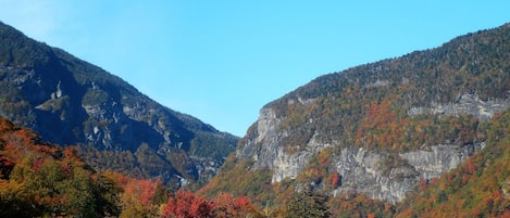 Paisagem montanhosa com folhagem outonal.