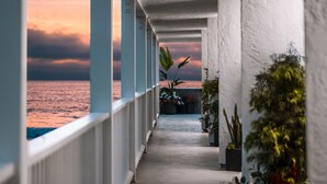 Um corredor com vista para o oceano ao pôr do sol, plantas em vasos e um corrimão.