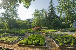 Um jardim com canteiros elevados, rodeado por árvores e casas.