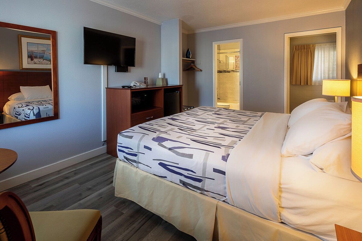 Quarto de hotel com cama, televisão, escrivaninha e guarda-roupa.