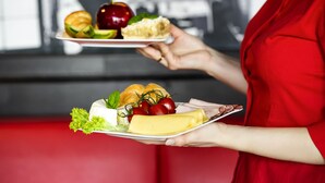 Uma pessoa segurando uma bandeja com diversos alimentos, incluindo sanduíche, maçã, queijo e vegetais.