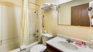 Casa de banho com chuveiro, sanita, lavatório e secador de cabelo sobre a bancada.