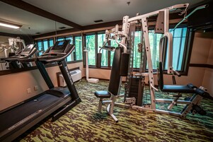 Academia com esteiras, aparelhos de musculação e piso coberto de carpete.