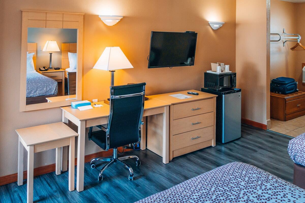Quarto de hotel com escrivaninha, cadeira, mesas de cabeceira, cama, espelho, televisão e mini-geladeira.