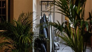 Corredor com um porta-roupas, plantas em vasos e uma cadeira de rodas ao fundo.