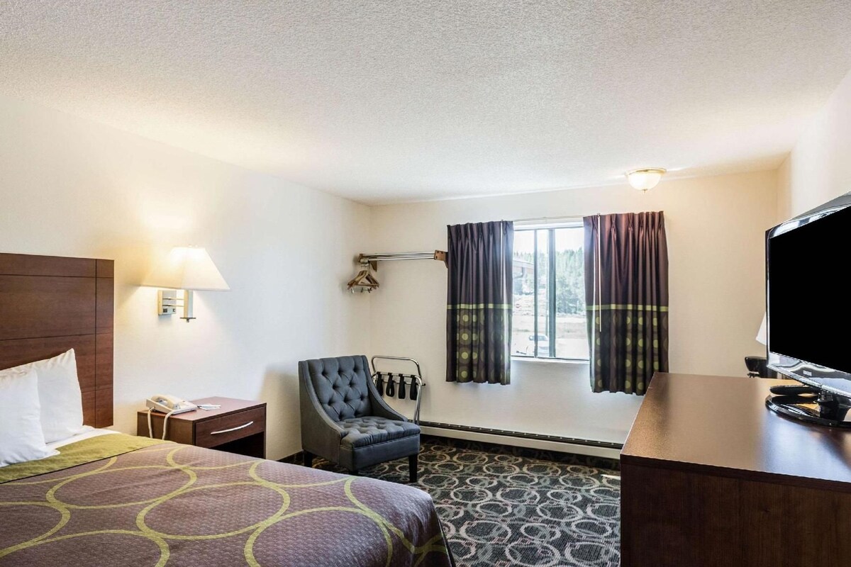 Quarto de hotel com cama, uma cadeira, escrivaninha e televisão, janela com cortinas e luminária na parede.