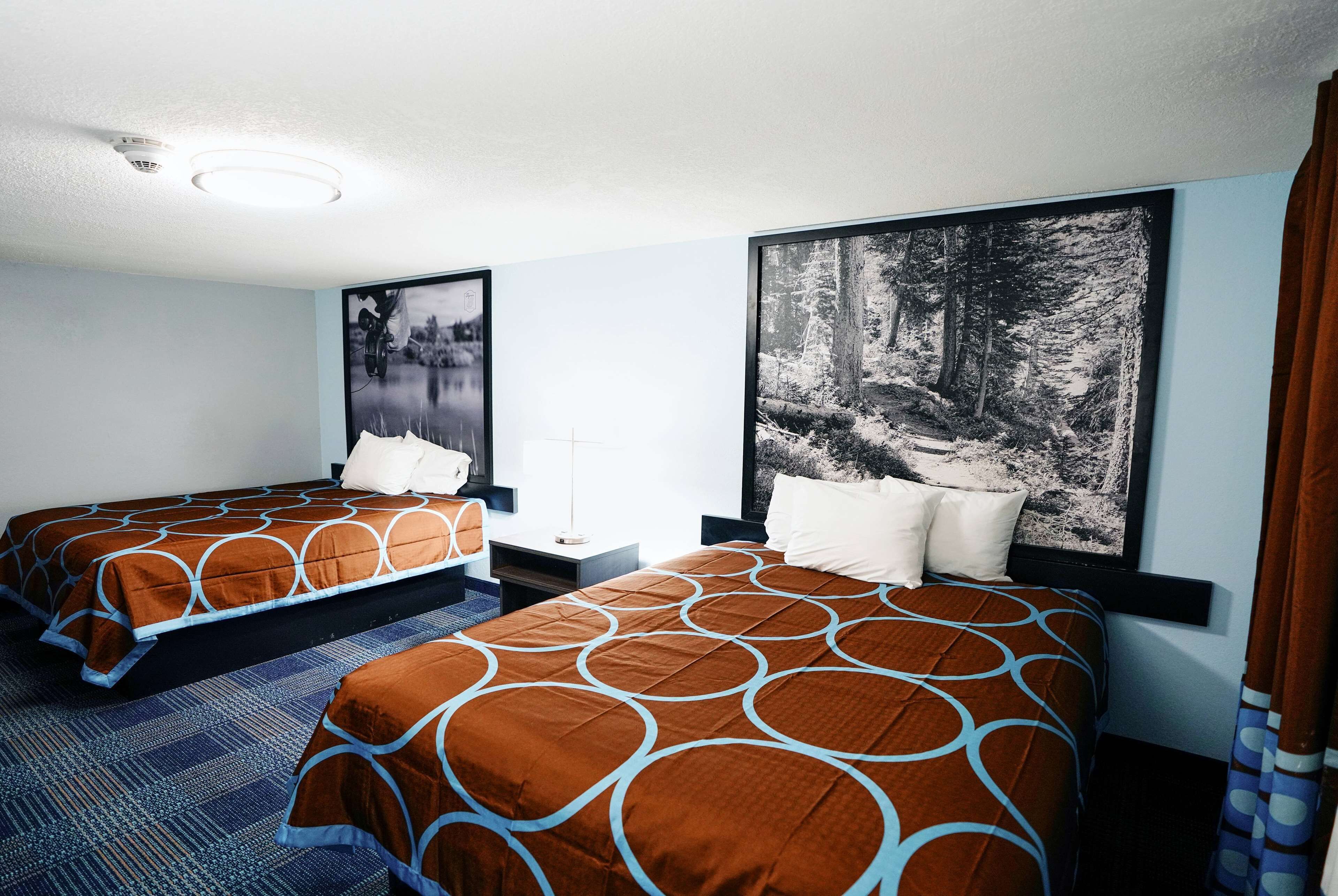 Quarto de hotel com duas camas, cada uma com colcha estampada, mesa de cabeceira, abajur e um quadro grande na parede.