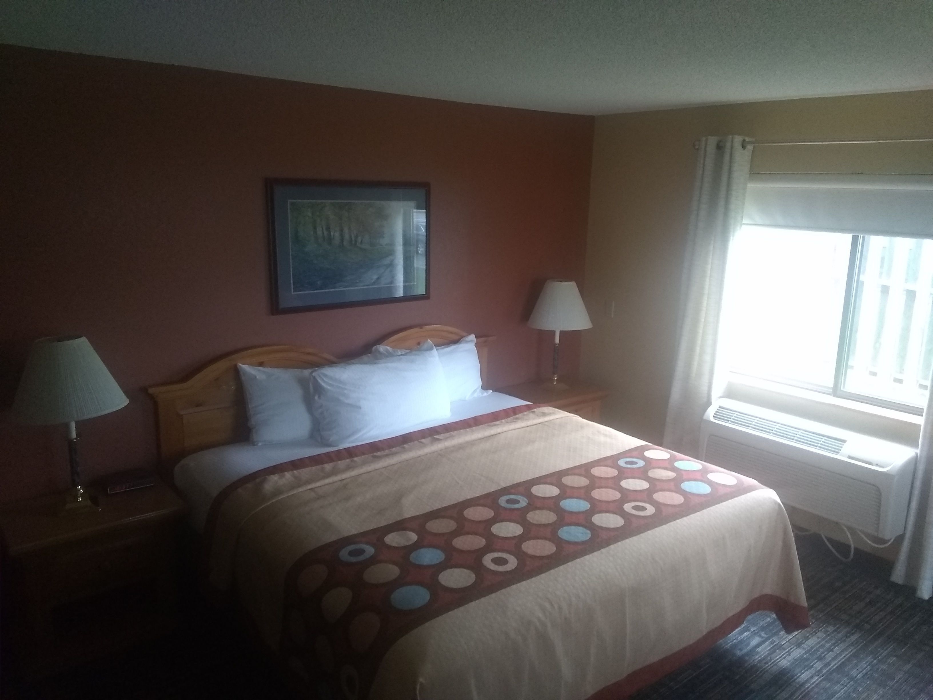 Quarto de hotel com cama, duas luminárias de cabeceira, janela com cortinas e um quadro na parede.