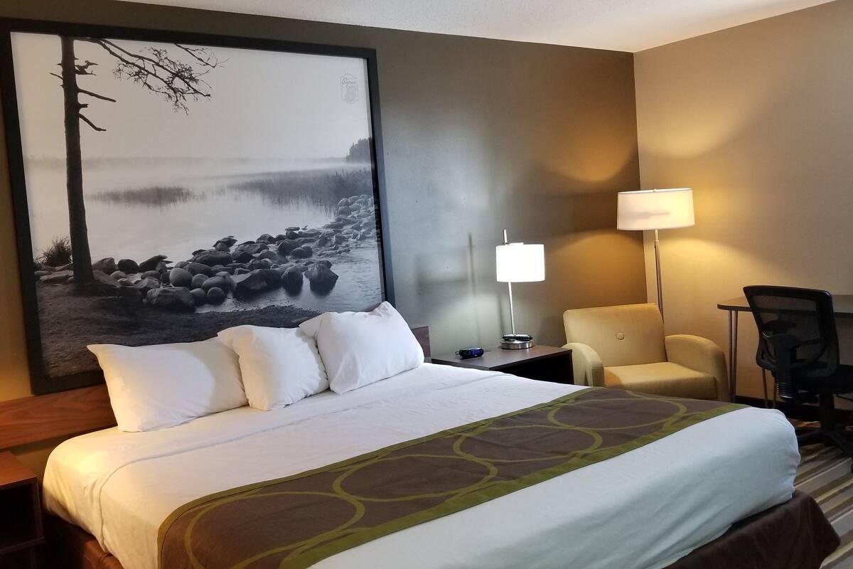 Quarto de hotel com uma cama grande, duas luminárias de cabeceira, uma mesa com cadeira e um quadro grande na parede.