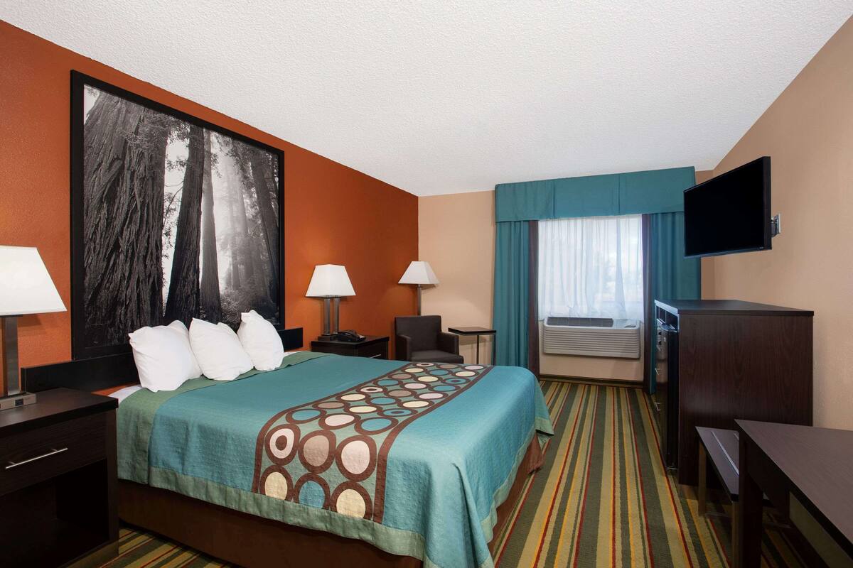 Quarto de hotel com uma cama grande, duas mesas de cabeceira com luminárias, uma escrivaninha, uma televisão e uma janela com cortinas.