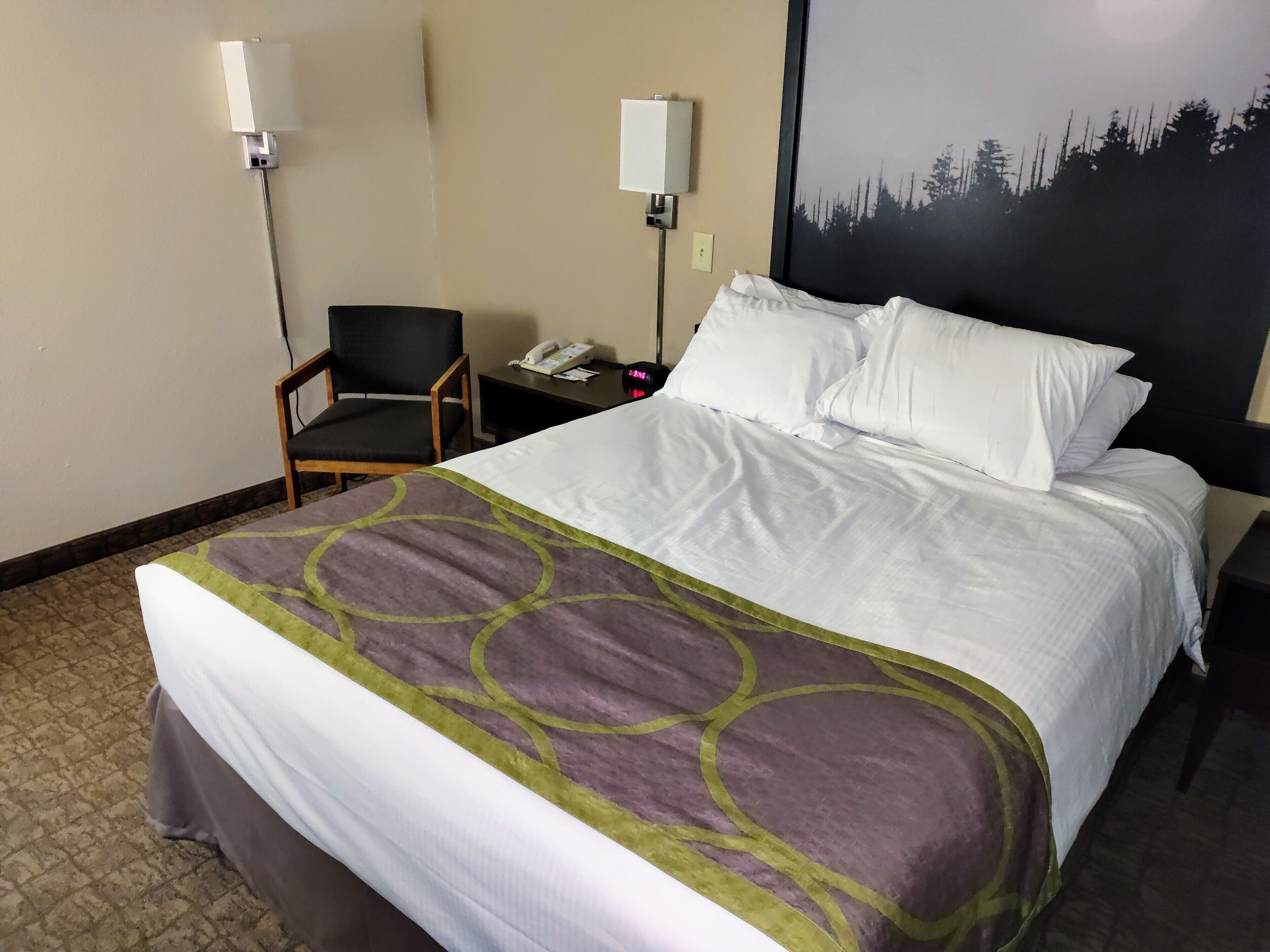 Quarto de hotel com cama, cadeira, escrivaninha e telefone.