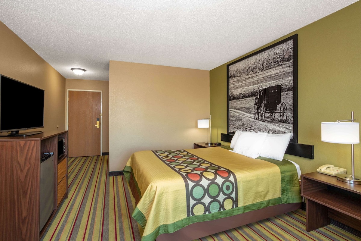 Quarto de hotel com cama, televisão, escrivaninha com abajur e um quadro na parede.