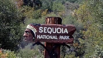 Uma placa de madeira com o texto "SEQUOIA NATIONAL PARK" e um cocar nativo-americano.