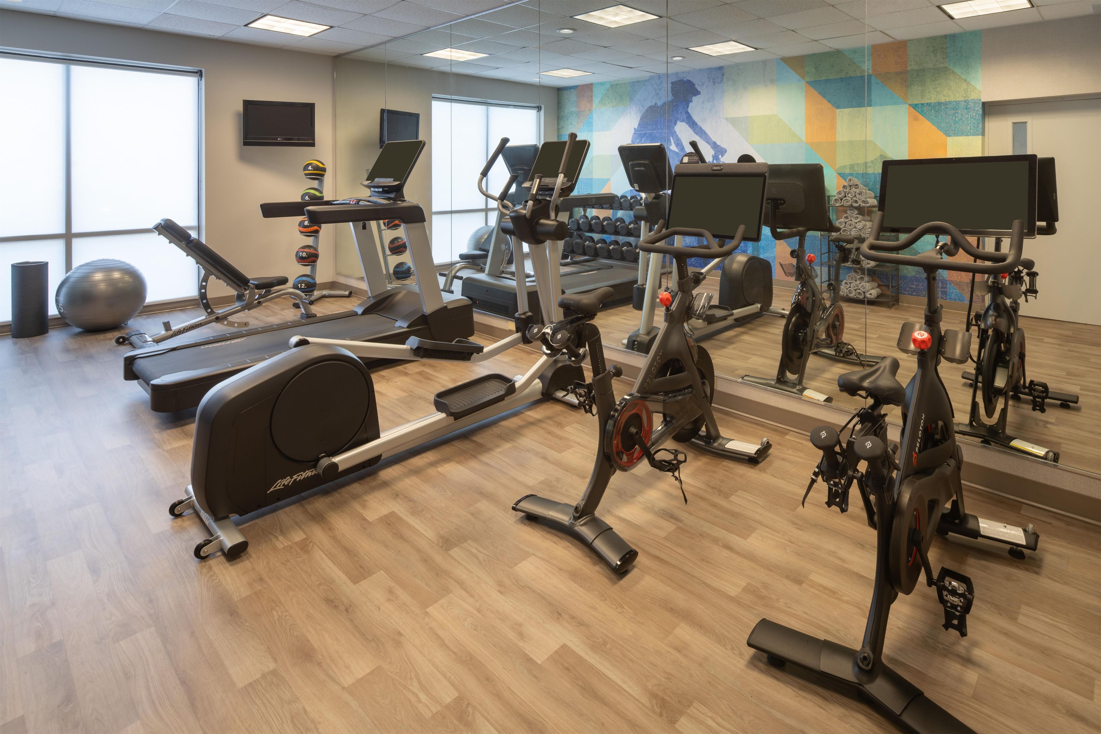 Academia com diversos aparelhos de cardio, pesos livres e bolas de exercício.