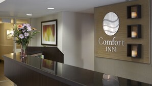 Uma receção com um vaso de flores, um quadro na parede e uma placa a indicar Comfort Inn.