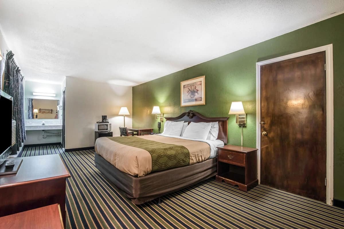 Quarto de hotel com cama, mesas de cabeceira, escrivaninha, televisão, espelho e porta.
