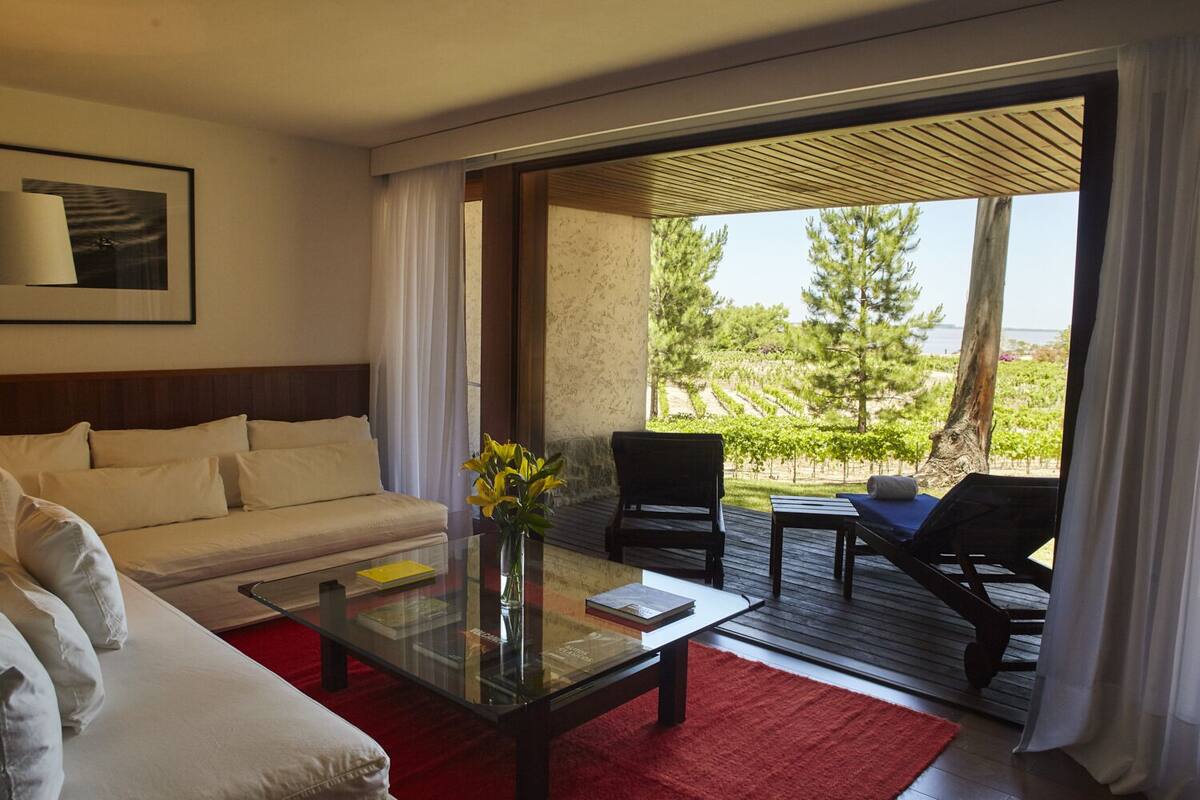Quarto de hotel com sofá, mesa de centro de vidro com um vaso de flores, vista de um vinhedo através de uma grande porta de correr de vidro e um deck de madeira com mobiliário para áreas externas.