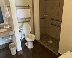 Quarto Superior, 1 cama king-size, acessível, não fumadores (Roll-In Shower) | Casa de banho | Um secador de cabelo, toalhas fornecidas, sabão, champô 