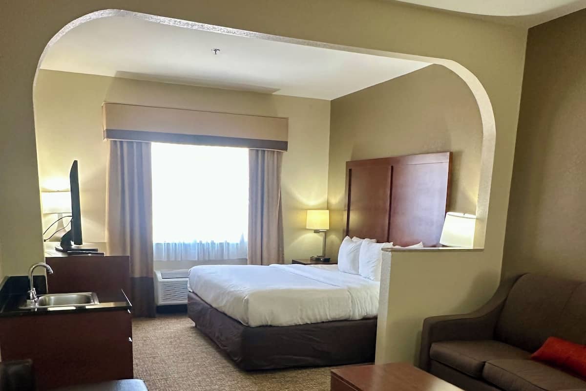 Suite, 1 cama king-size, não fumadores | Edredões de penas, camas de colchão pillowtop, cofre no quarto