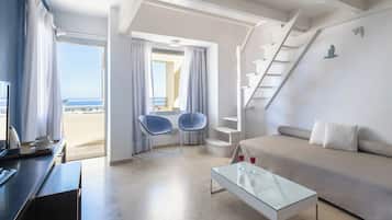 Quarto, vista para o mar (Maisonette) | Lençóis de algodão egípcio, minibar, cofre com capacidade para portátil