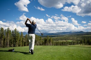 Uma pessoa jogando golfe em um campo bem cuidado, com céu limpo e montanhas ao longe.