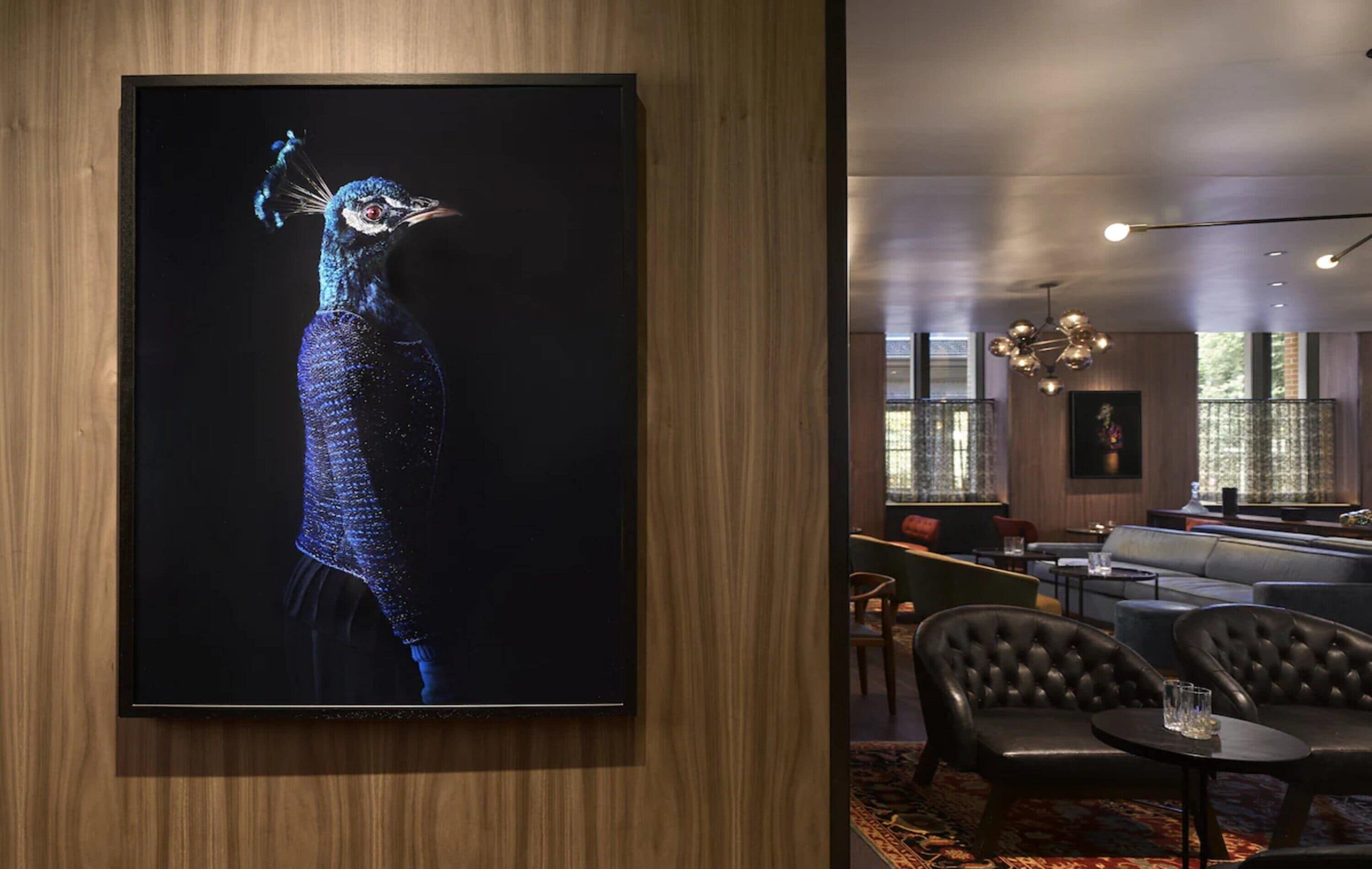 Um interior moderno com uma grande obra de arte emoldurada de um pavão, um sofá e um candelabro.