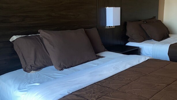 Quarto de hotel com duas camas, cada uma com roupa de cama e almofadas castanhas, cabeceira escura e mesa de cabeceira com abajur.
