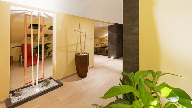 Um hall moderno com uma mesa de recepção de madeira, uma grande planta em vaso e uma estrutura decorativa de bambu.