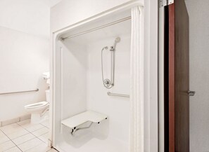 Um chuveiro acessível sem barreiras, vaso sanitário e assento de chuveiro.