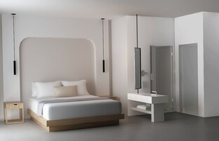 Quarto moderno com cama, mesa de cabeceira e guarda-roupa embutido.
