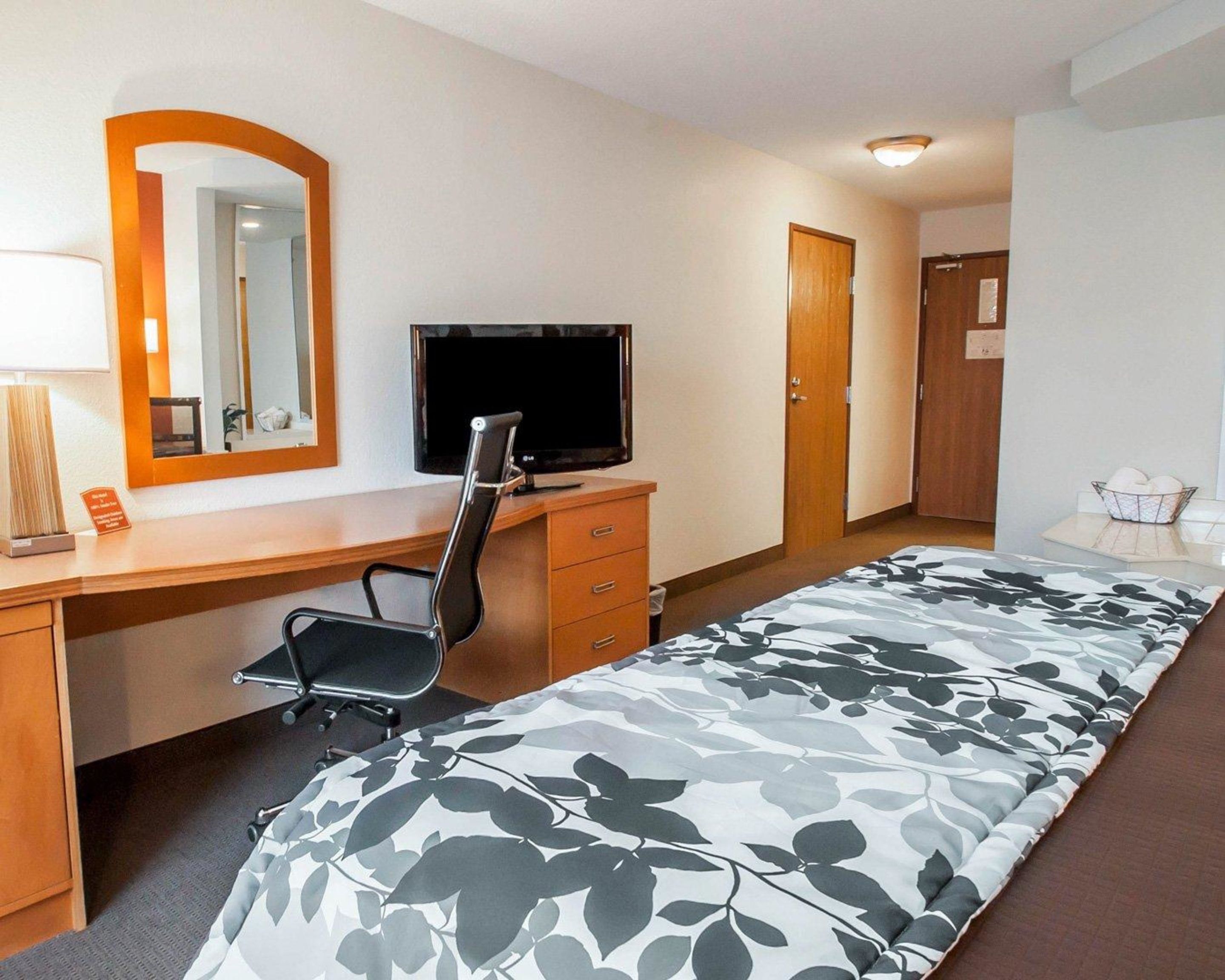 Quarto de hotel com uma cama, escrivaninha com cadeira, televisão, espelho e porta.