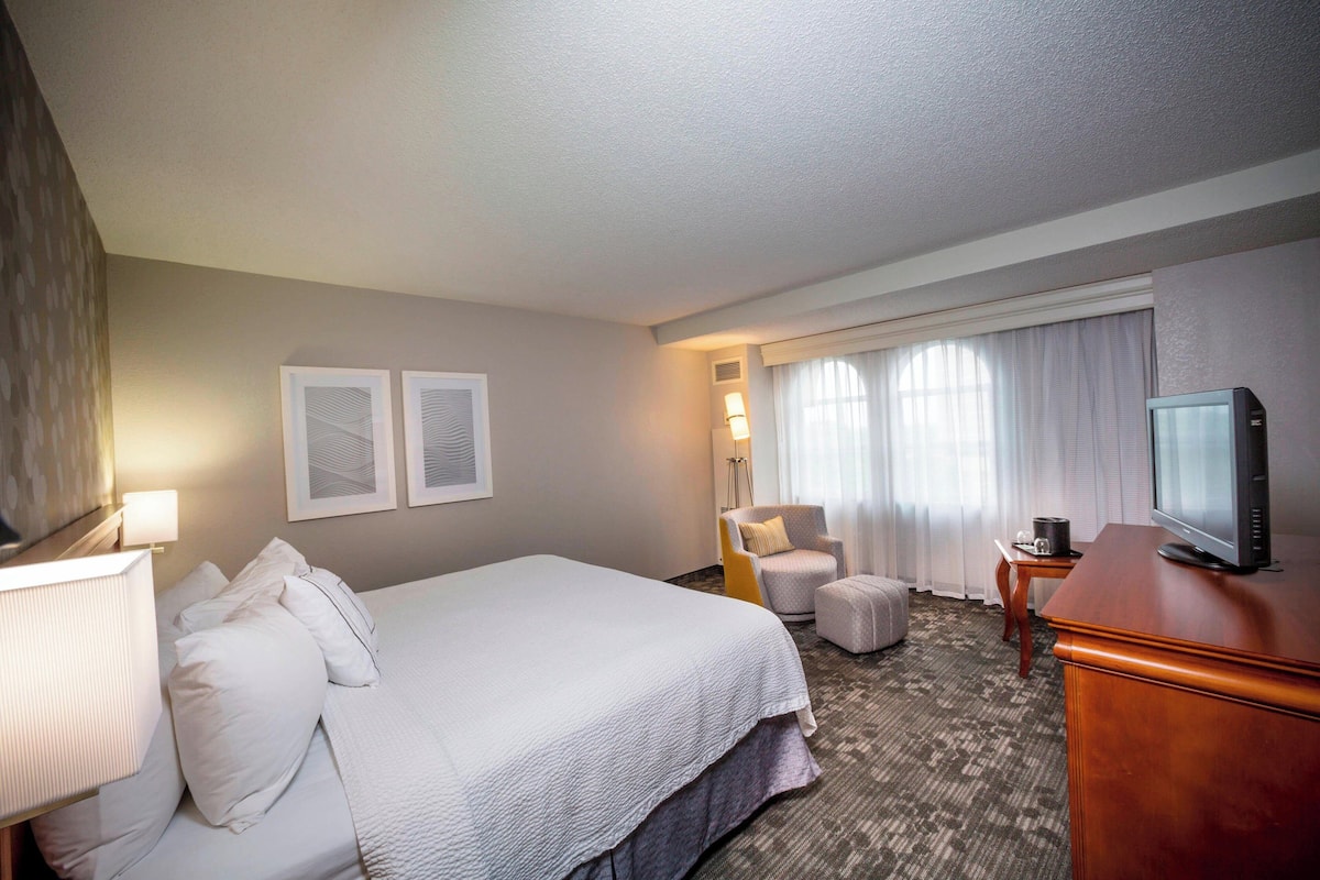 Quarto de hotel com uma cama grande, televisão, cadeira e escrivaninha.