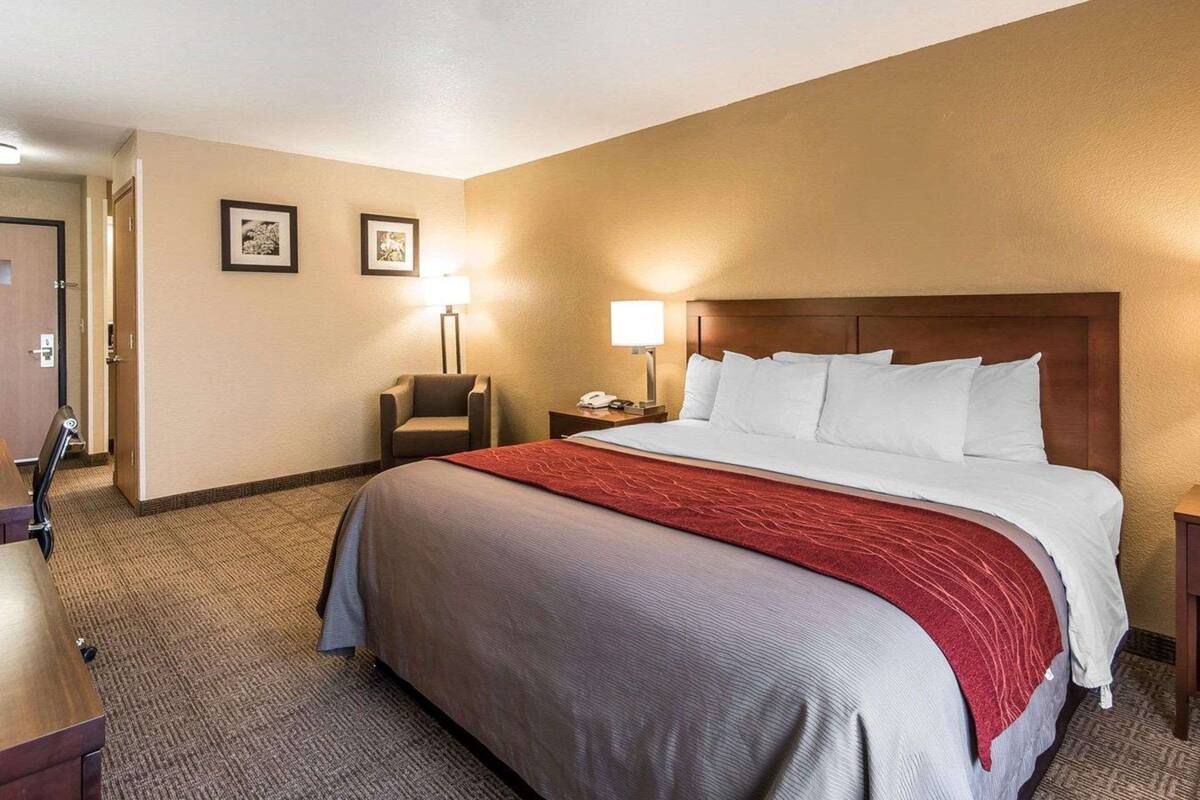 Quarto de hotel com uma cama grande, uma mesa, uma cadeira, duas luminárias de cabeceira e duas imagens emolduradas na parede.