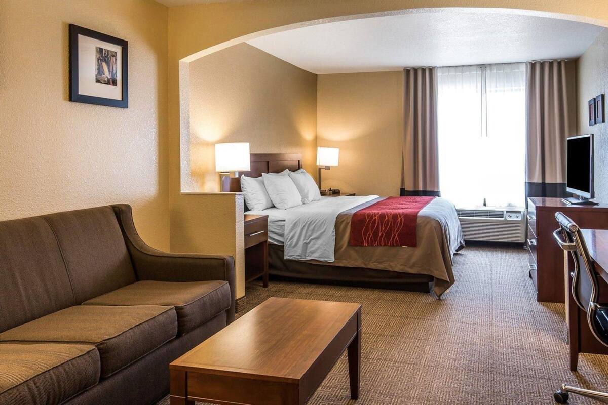 Quarto de hotel com cama, sofá, escrivaninha, televisão e um quadro na parede.