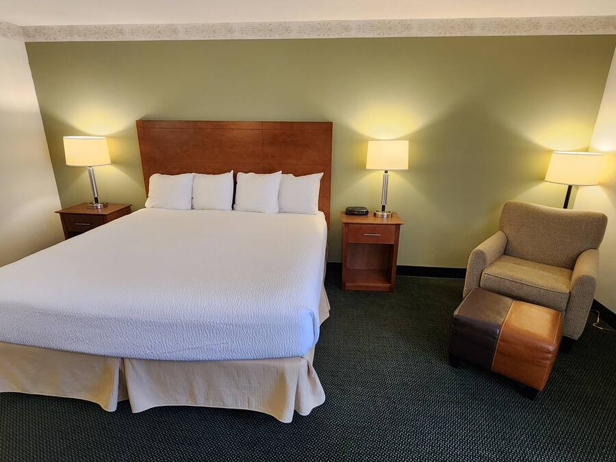 Quarto de hotel com uma cama grande, duas mesas de cabeceira com luminárias, uma cadeira e piso coberto por carpete.