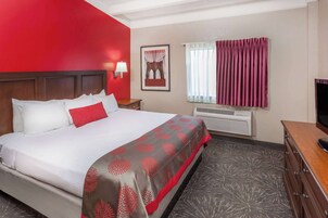 Quarto de hotel com cama grande, mesa de cabeceira com luminária, quadro pendurado na parede, janela com cortinas e televisão em cômoda de madeira.