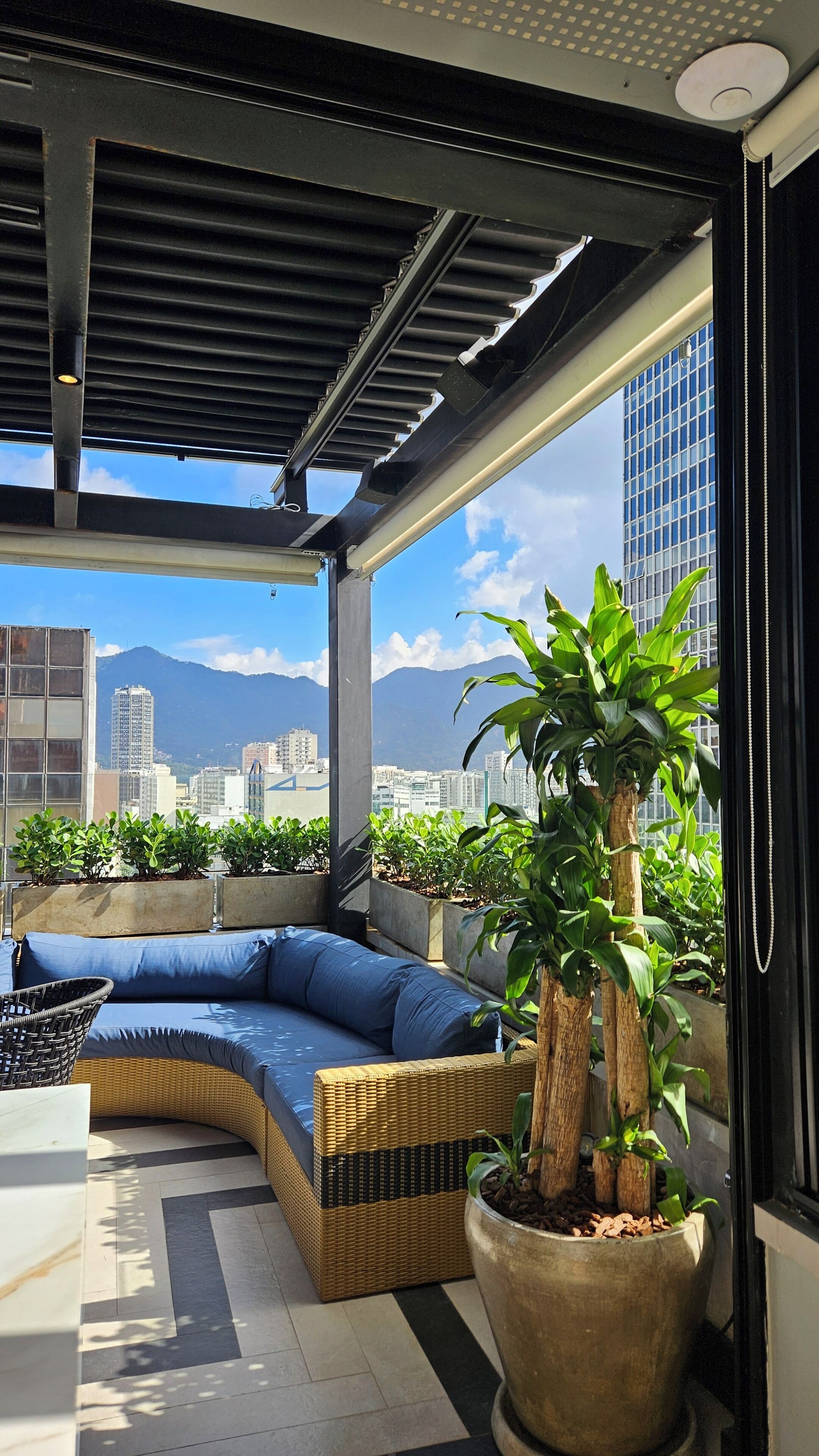 Varanda com sofá curvo, uma planta grande em vaso e vista para uma paisagem urbana com montanhas ao fundo.