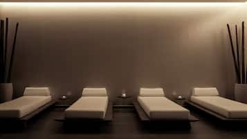 Salas para tratamentos a dois, sauna seca, sauna a vapor