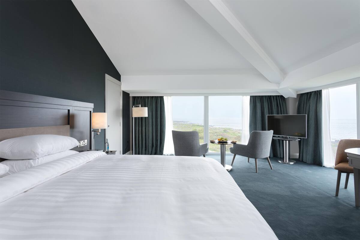 Quarto de hotel com uma cama grande, uma escrivaninha com televisão, uma cadeira e vista para o exterior.