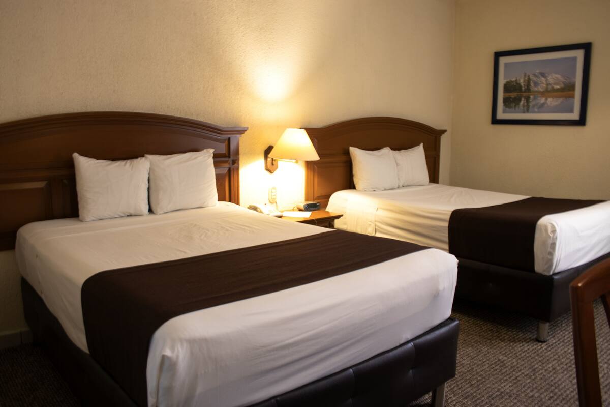 Quarto de hotel com duas camas, uma mesinha de cabeceira com abajur, e um quadro na parede.