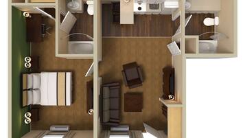 Planta de apartamento de 2 quartos com cozinha compacta, banheiro e sala de estar.