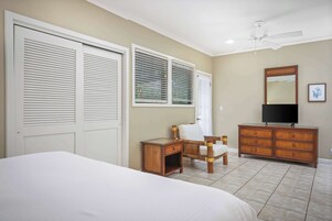 Quarto com cama, mesa de cabeceira, cadeira, cômoda, televisão e ventilador de teto.