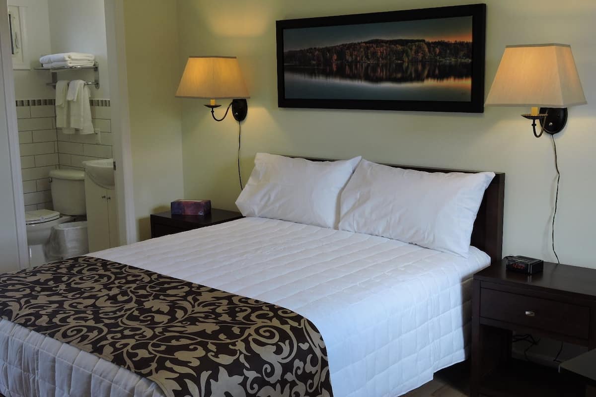 Quarto de hotel com cama, duas luminárias de cabeceira, um quadro de um lago e banheiro com vaso sanitário e pia.