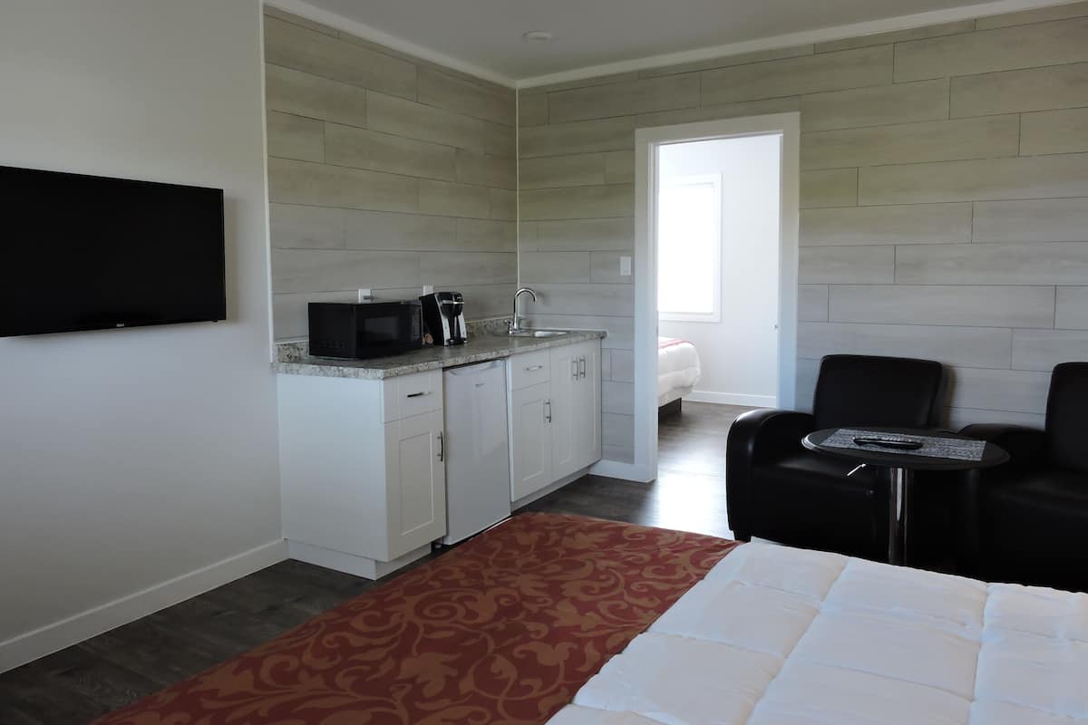 Quarto de hotel compacto com cozinha compacta, televisão de tela plana, cama e um pequeno espaço de estar.