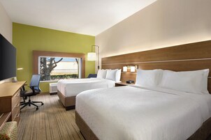 Quarto de hotel com duas camas, uma mesa de trabalho, uma cadeira, televisão e janela com vista para árvores.