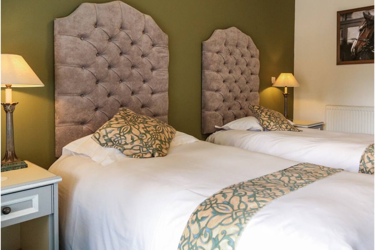 Quarto de hotel com duas camas, cada uma com cabeceira estofada, roupa de cama branca, almofadas estampadas e luminárias laterais.
