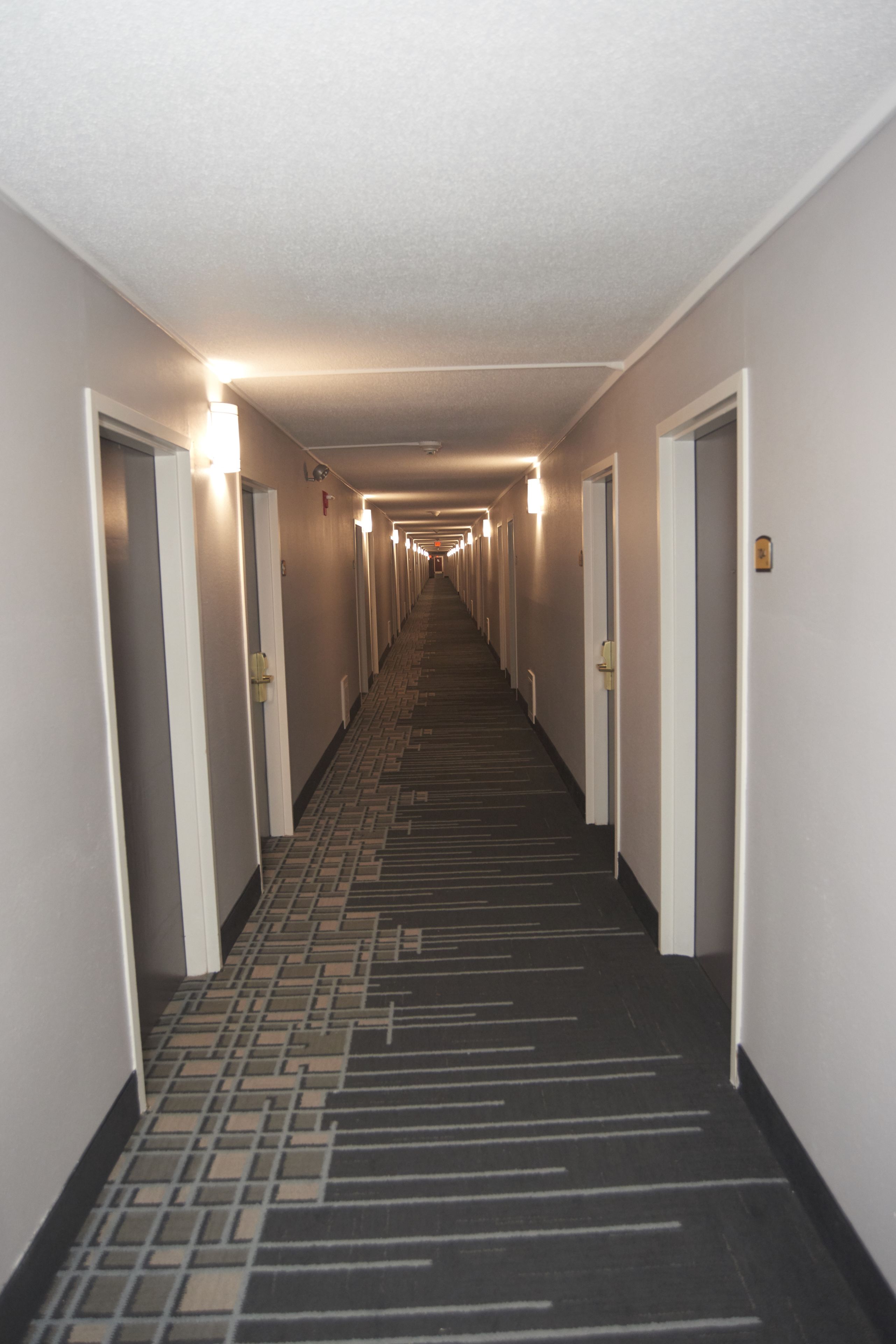 Corredor de hotel com piso em carpete, paredes brancas e portas em ambos os lados.