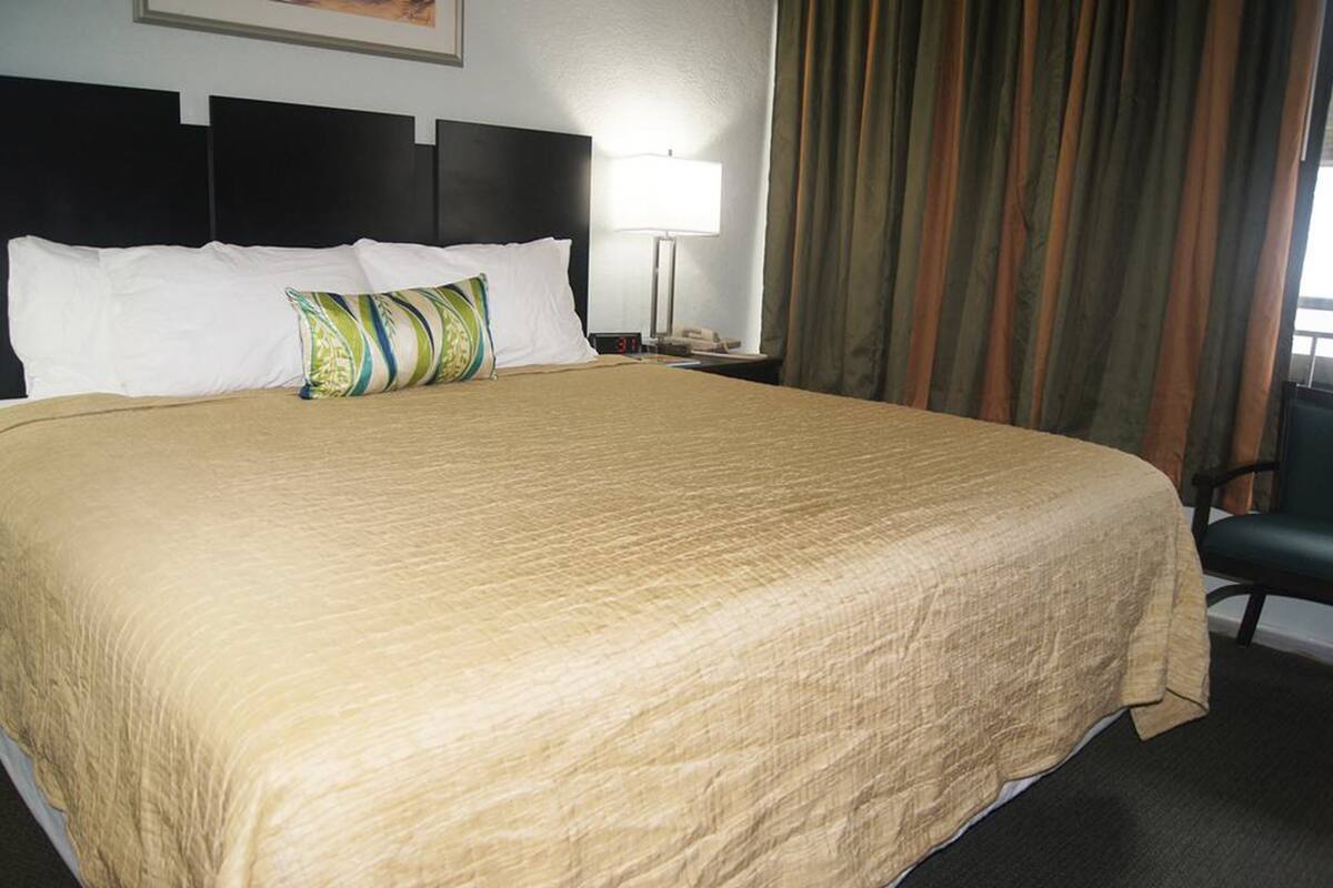 Quarto de hotel com uma cama grande, uma mesa de cabeceira, um abajur e uma cadeira.